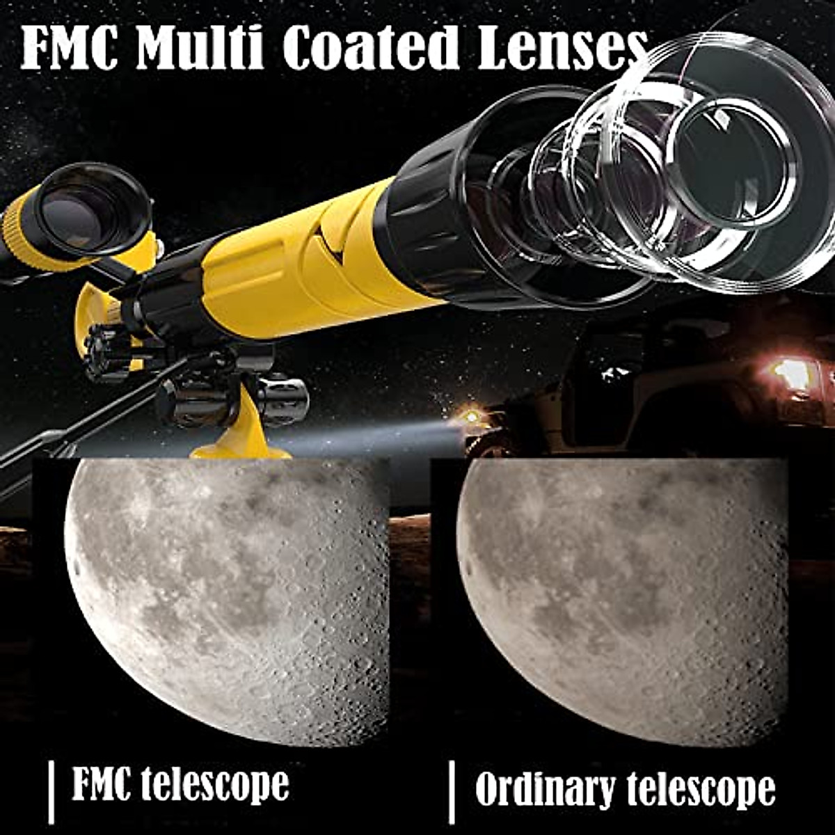 Timisea Telescope for Kids & Beginners, for a Young Astronomer,Portable Refractor Telescope with Tabletop Tripod and 3 Eyepieces, Explore Moon Space, Watch Night-Sky (Yellow)