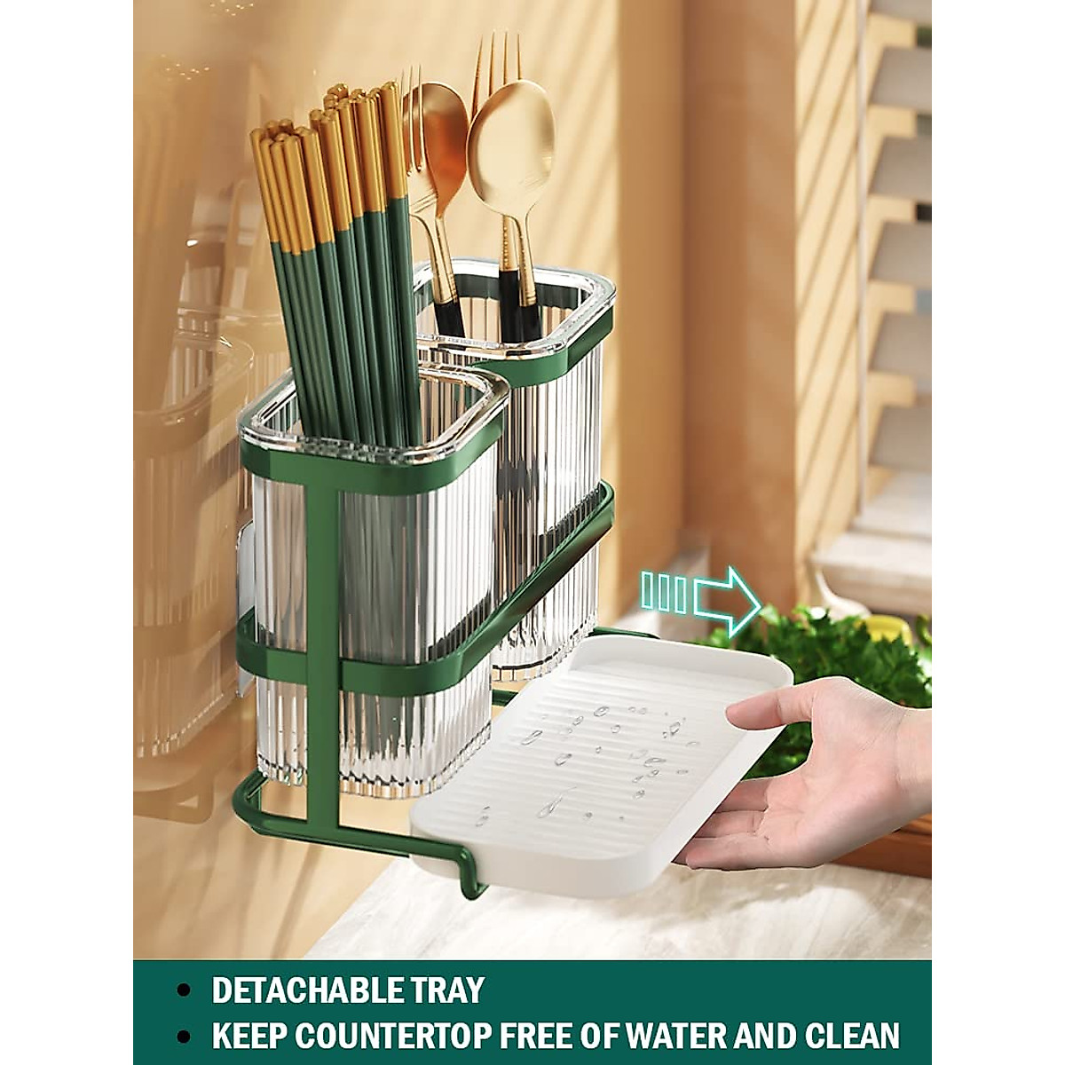 FEIJSQIU Utensil Holder with 2 Compartments Cooking Utensil Holder for Cooking Tools Storage and Utensil Organizer Utensil Drying Rack has Tray at Bottom for Easy Drainage.Clean Easy (Green)