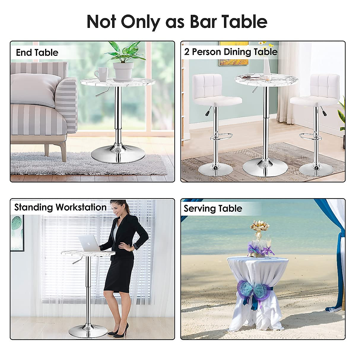 Giantex Round Pub Table Height Adjustable, 360° Swivel Cocktail Pub Table with Sliver Leg and Base for Home, Bar Table (White)