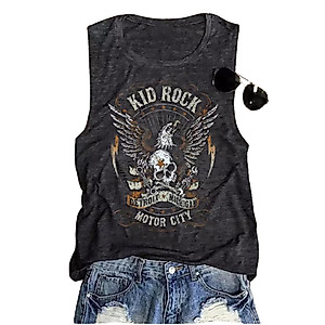 Kid Rock Skeleton Eagle Tank Top for Women Vintage Country Music Shirts Summer Sleeveless Graphic Tops(Medium,Grey)
