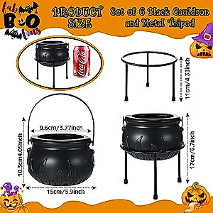 Jenaai 6 Pcs Halloween Witch Cauldron Plastic Black Candy Serving Bowl on Stand, Black Witch Cauldron Candy Holder for Home Indoor Outdoor Kitchen Halloween Party Decorations