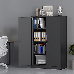 iJINGUR Metal Storage Cabinet with Locking Doors and 3 Adjustable Shelves, 53.5-Inch Tall Lockable Steel Storage Cabinets for Home Office Garage Pantry (Black)