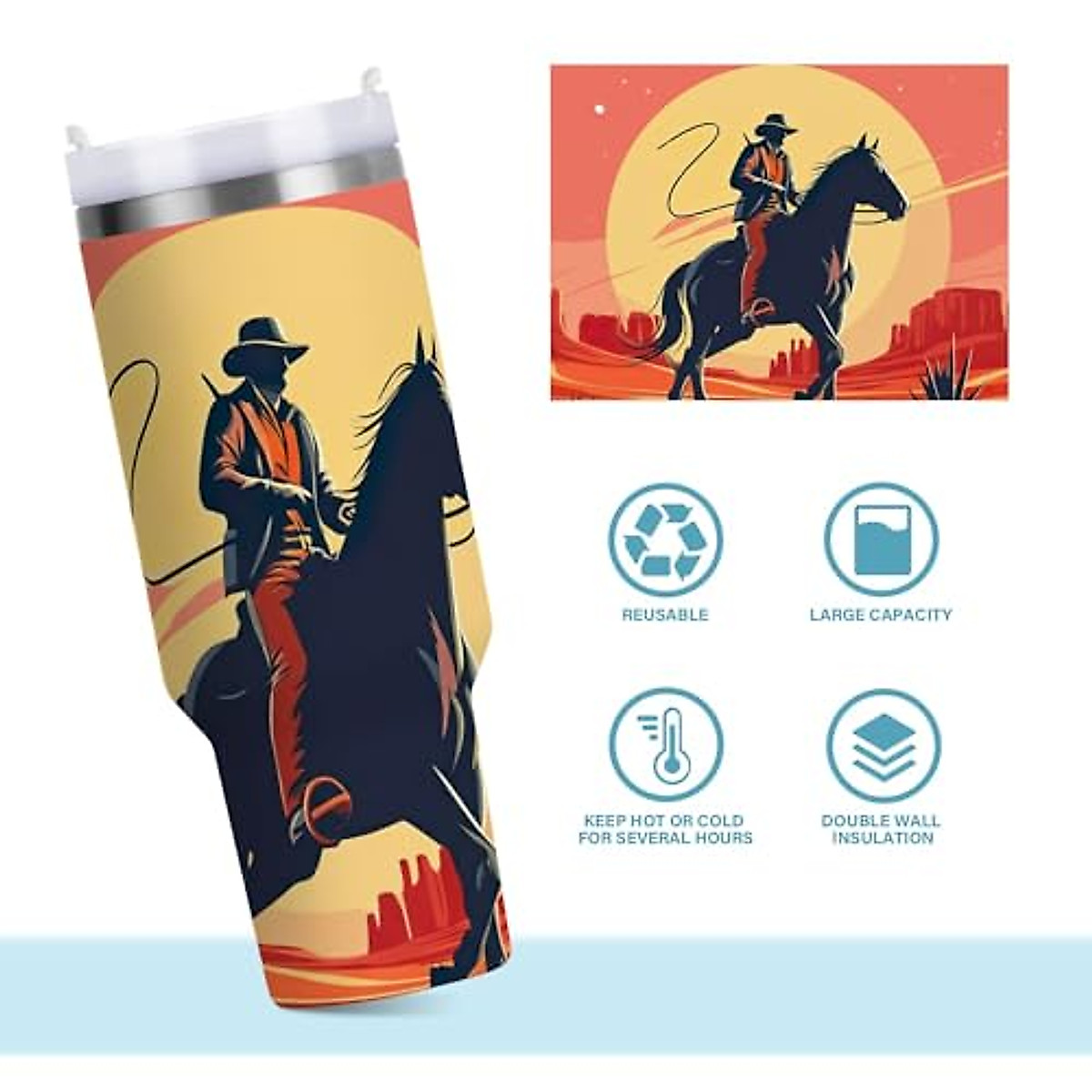 ODAWA Large Cowboy Desert Stainless Steel Insulated Tumbler with Handle and Straw Travel Insulated Tumblers