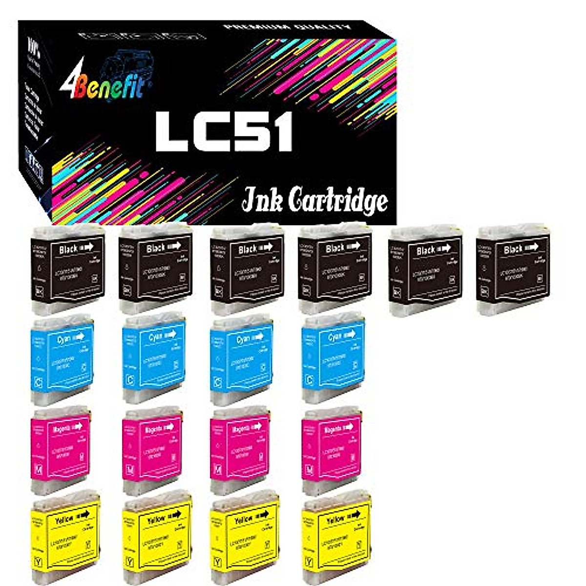 4Benefit (Set of 18) Compatible LC51 Ink Cartridge Replacement LC-51 (6BK+4C+4M+4Y) Work for MFC-240C MFC-465CN MFC-665CW DCP 130C 330C 540CN MFC 230C 3360C 5460CN IntelliFax 1360 Inkjet Printer