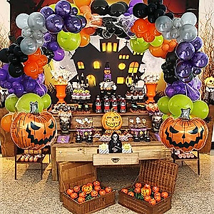 INFLORAL Play Balloon Garland Kit with 164 PCS Black Sliver Green Metallic Purple Orange Balloons and Pumpkin Balloon Garland Kit for Party Decorations