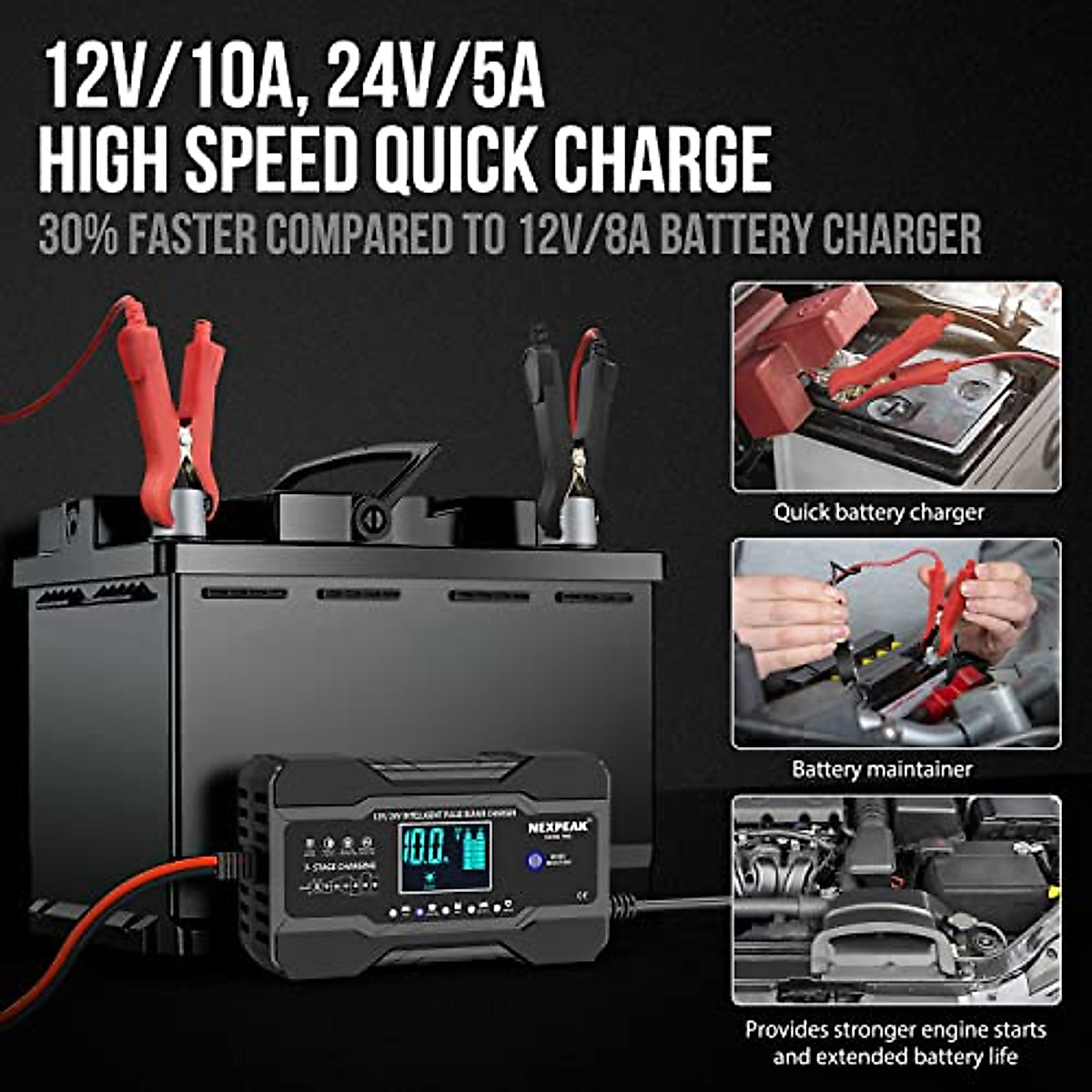 10-Amp Car Battery Charger, 12V and 24V Smart Fully Automatic Battery Charger Maintainer Trickle Charger w/Temperature Compensation for Car Truck Motorcycle Lawn Mower Boat Marine Lead Acid Batteries