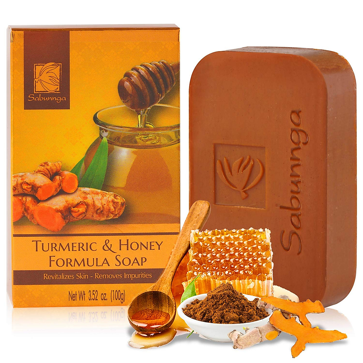 Sabunnga Turmeric Soap Bar - Natural Turmeric Soaps Honey , PH Balance Bars For Face & Body , Fade Dark Spots Gentle Exfoliating