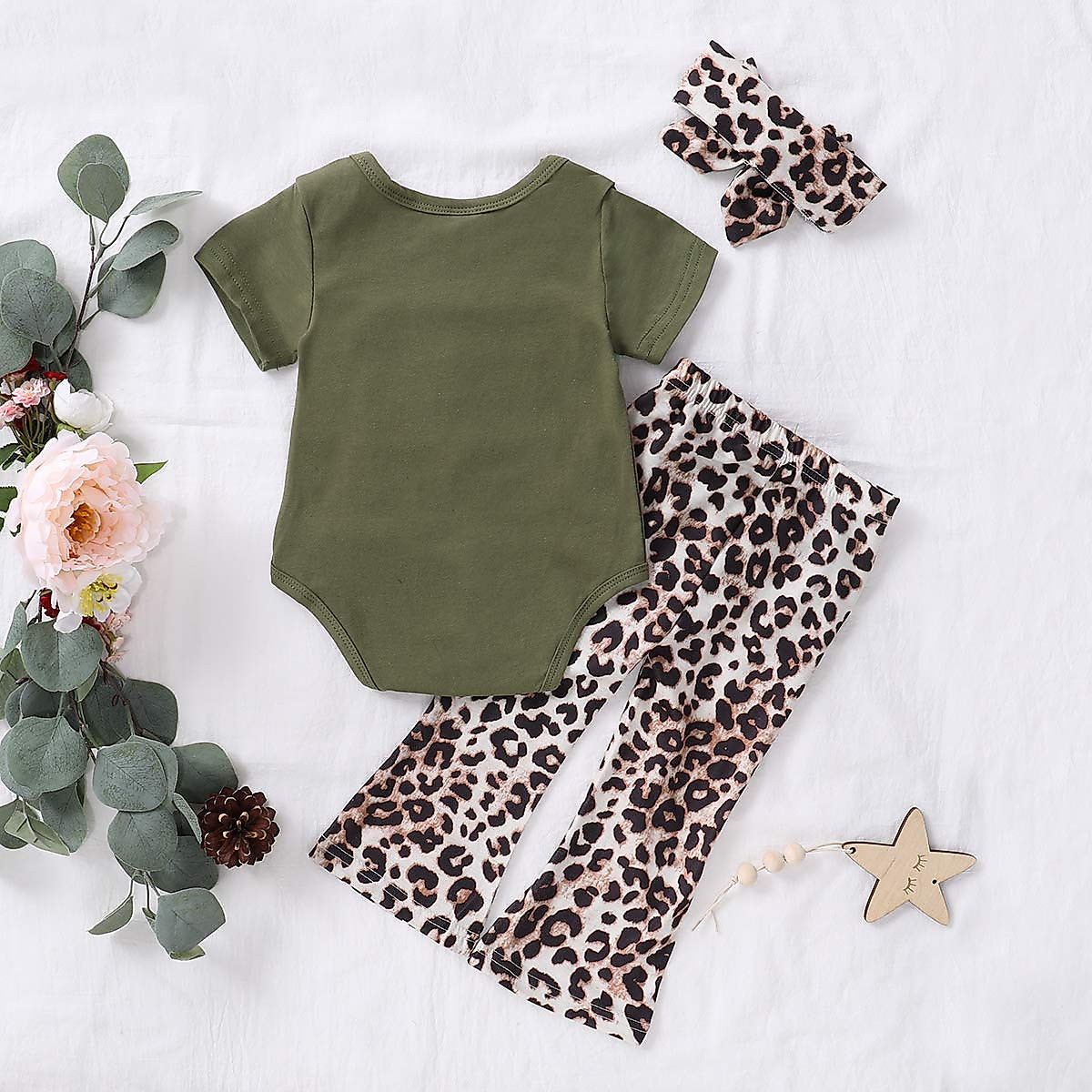 Happy Town Toddler Girls Baby Girls Leopard Sets Long Sleeves Romper +Flare Pants Infant Winter Fall Outfit (short sleeve sets, 3-6 Months)