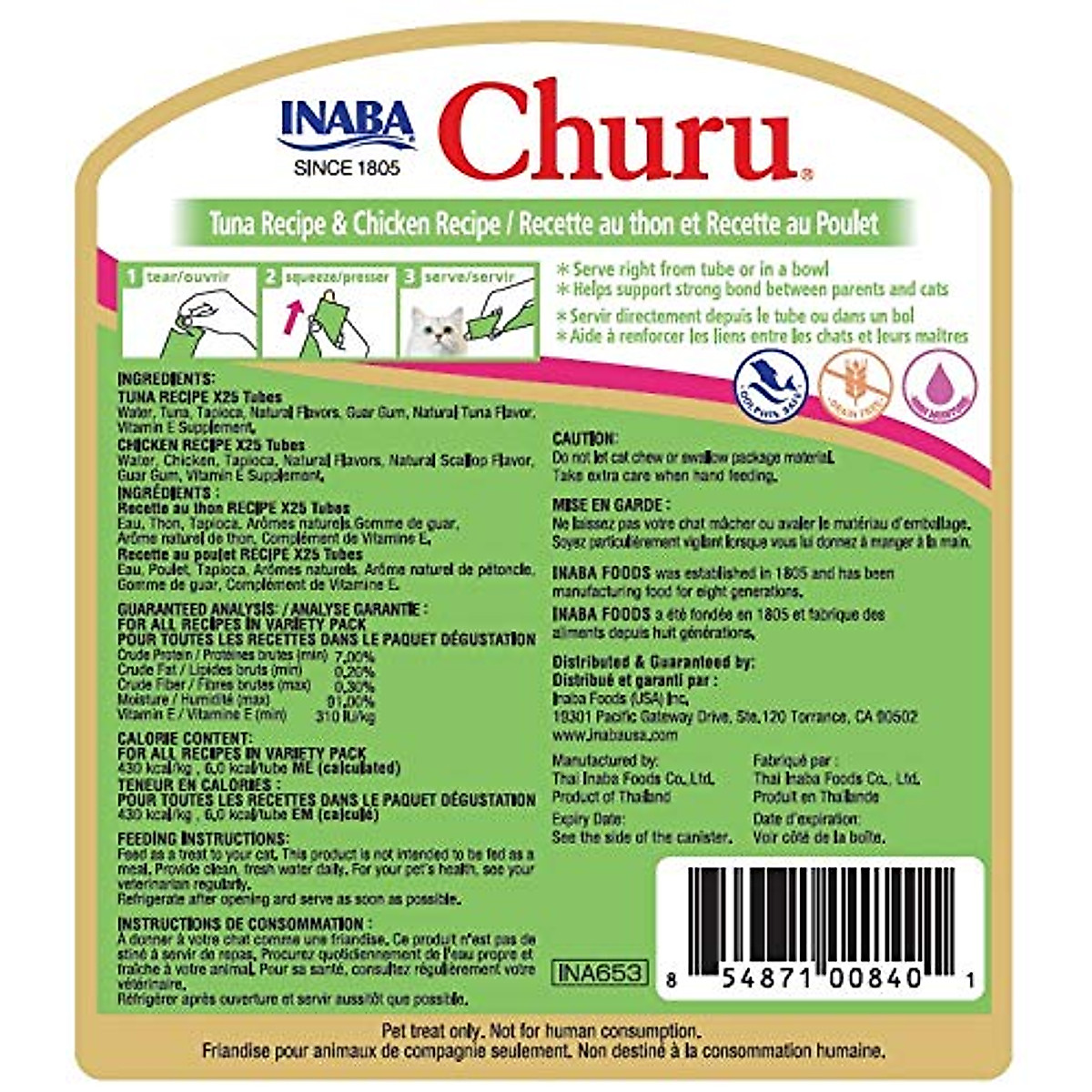 INABA Churu Lickable Creamy Purée Cat Treats Tuna Recipe and Chicken Recipe Canister of 50 Tubes