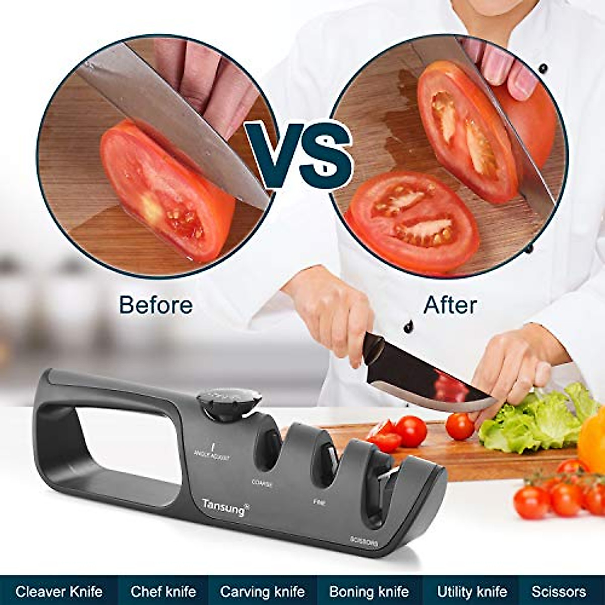 Knife Sharpener TANSUNG 3 Stage Kitchen Chef Knife and Scissor Sharpeners Restore Knives or Shears Blades Quickly Safely with Adjustable Angle Button for Various Household Knives Shear