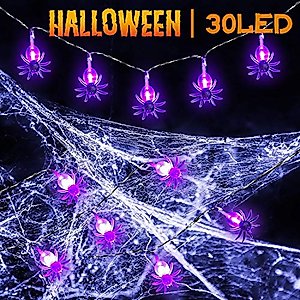 Halloween Spider Lights 30 LEDs Spider String Lights 9.8 Feet Battery Operated Purple Halloween String Lights 2 Modes Spooky Wall Decoration Lights for Halloween Window Porch Outdoor Indoor Decor