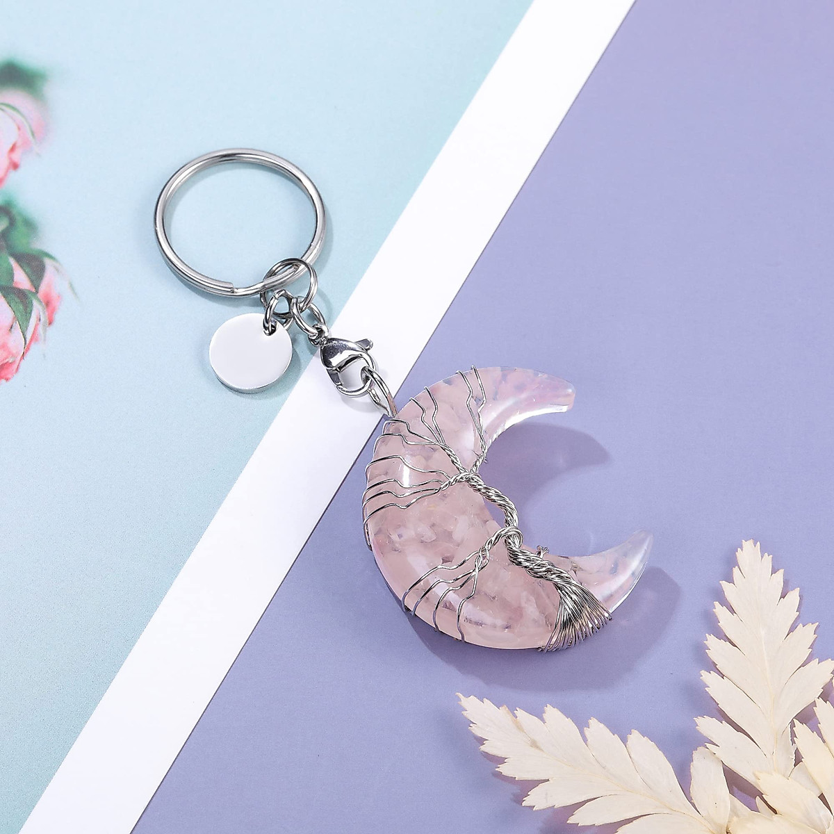 Top Plaza Rose Quartz Crystals Stones Keychain Life Tree Wire Wrapped Crescent Moon Keychain Natural Healing Gemstones Keychain Keyring for Women Mom Birthday Mother’s Day Gifts