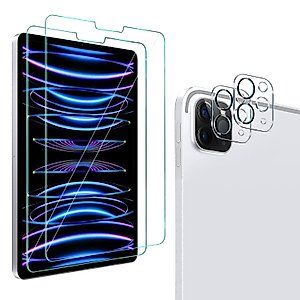 QHOHQ [2+2 Pack Tempered Glass Screen Protector for iPad Pro 11 2022/2021/2020 (4th/3rd/2nd Generation) with Camera Lens Protector, Ultra HD, Anti-Scratch, Designed for Face ID＆Apple Pencil