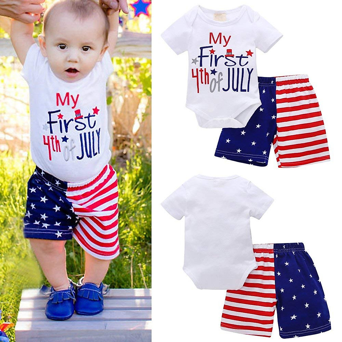 Gavol 4th of July Baby Boy Outfits My First 4th of July Bodysuit + Stars Stripe Short Newborn Infant Boy Summer Outfits for 3-6 Months