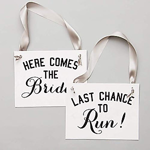 Set of 2 Wedding Signs for Ring Bearers & Flower Girls | Here Comes The Bride and Last Chance To Run Funny Ceremony Banners (Here Comes The Bride + Last Chance To Run)