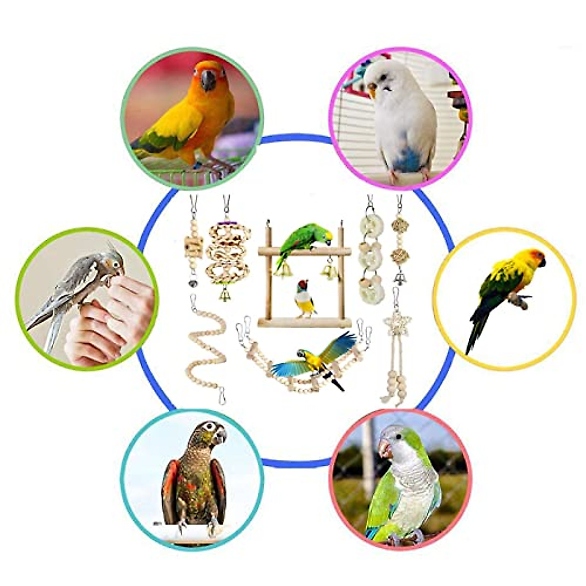 8 Pcs Bird Toy Parrot Swing Chewing Toys- Hanging Wooden Swing Chewing Toy Bells, Ladder Swing for Small Parrots, Macaws, Parakeets, Conures, Cockatiels, Love Birds (011)