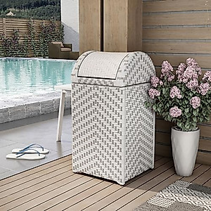 Greemotion Azur Modern Aluminum and All-Weather Wicker Outdoor Trash Can with Push Lid for Outdoor, Patio, Pool Area, Garden, Gray and White