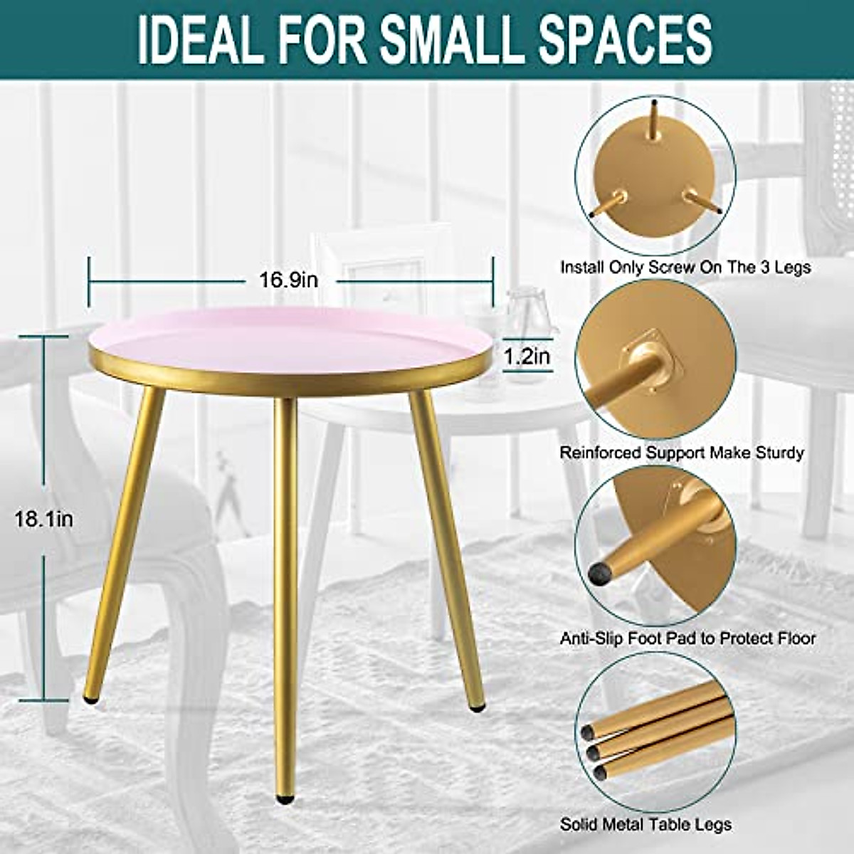 H HUIYKALY Kids Nightstand,Small Nightstand Bed Side Table for Kids Room,Small Table Round Nightstand for Bedroom,Pink/Gold