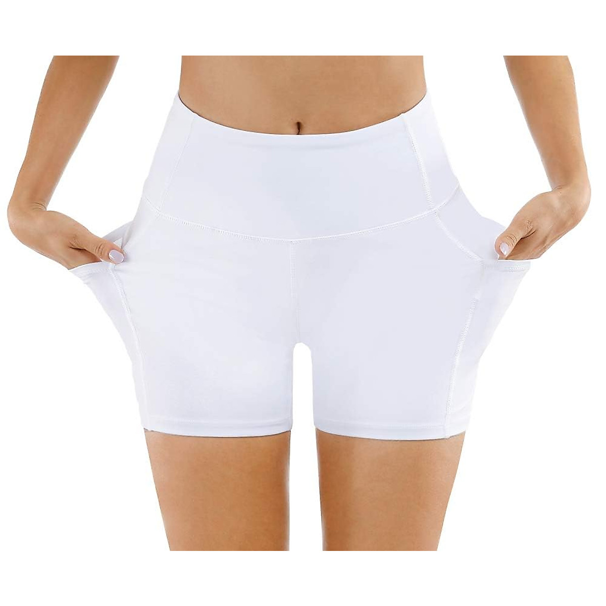 THE GYM PEOPLE High Waist Yoga Shorts for Women Tummy Control Fitness Athletic Workout Running Shorts with Deep Pockets (Small, White)