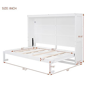 HBRR Murphy Cabinet Bed with A Storage Shelf, Wood Foldable Wall BedFrame for Guest Room Home Office, Space-Saving, No Box Spring Needed, White, Queen (U.S. Standard)