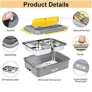 Electric Lunch Box Food Heater, 3 in 1 Food Warmer 12V 24V 110V Portable Heated Lunch Boxes for Car/Truck/Home Self Heating Box with 2 Removable 304 Stainless Steel Container, Fork & Spoon and Carry