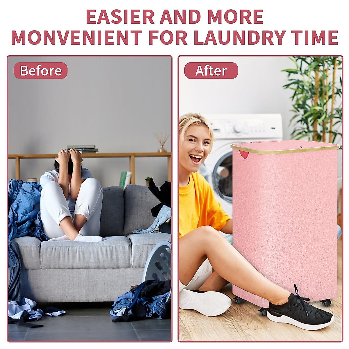 Pink Laundry Hamper with Wheels - 100L Large Laundry Hamper with Lid, Rolling Laundry Hamper on Wheels, Collapsible Laundry Hamper with Removable Mesh Bag and Bamboo Handles for Easy Carrying