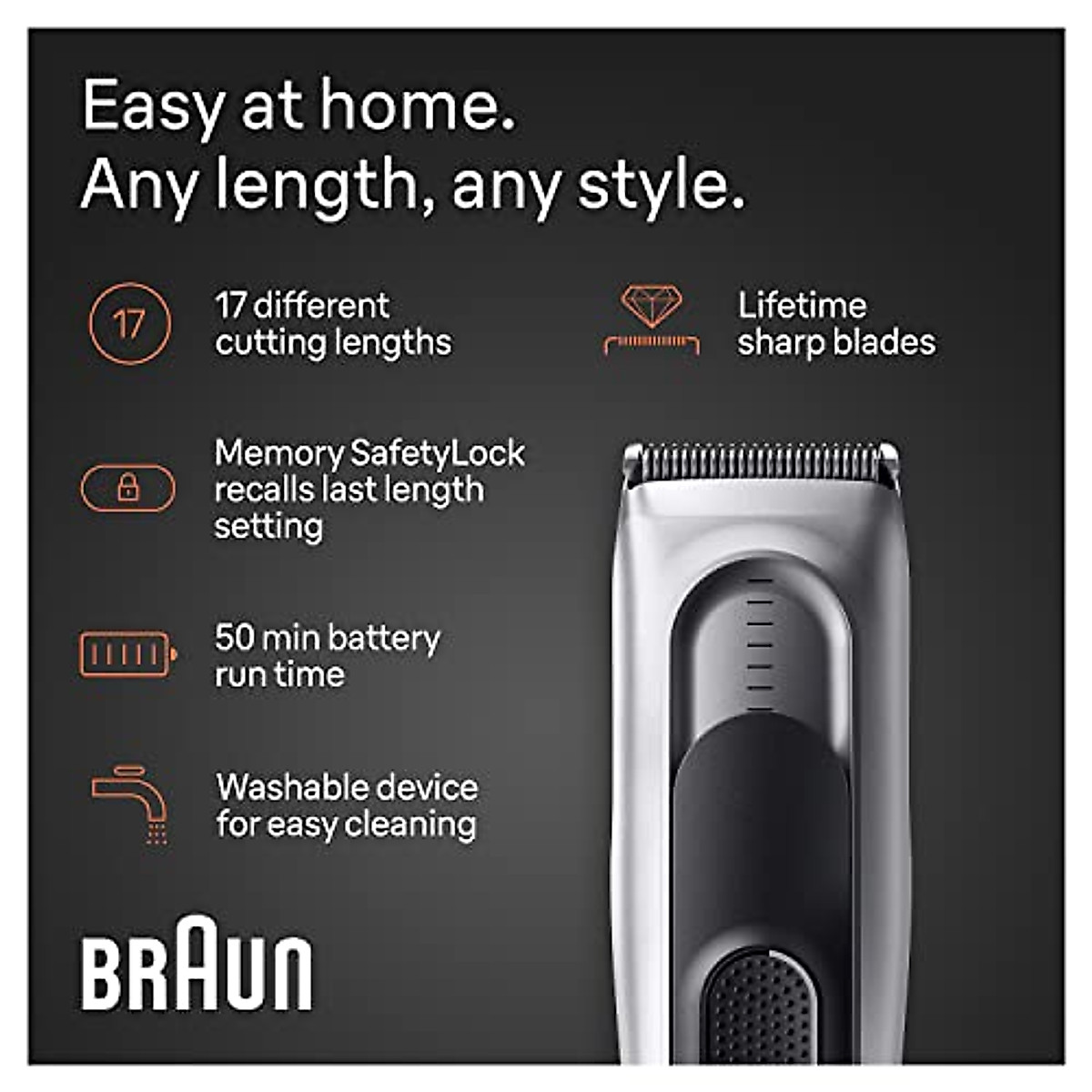 Braun Hair Clippers Series 7 7390, Hair Clippers for Men, Hair Clip from Home with 17 Length Settings, Incl. Memory SafetyLock Recall Setting, Ultra-Sharp Blades, 2 Combs, Stand, Pouch, Washable