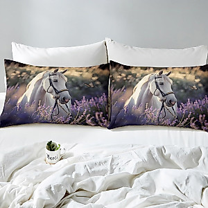 Feelyou Girly Horse Bedding Set King Size, Kids Lavender Floral Flower Comforter Cover Set for Boys Girls, Elegant Galloping Horse Duvet Cover Western Farmhouse Bedspread Cover Quilt Cover