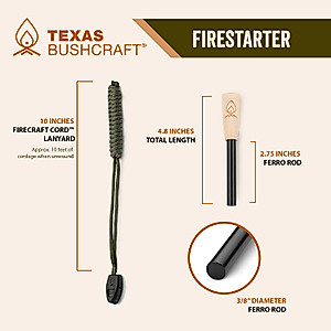 Texas Bushcraft Fire Starter - 3/8" Thick Ferro Rod with Striker and Paracord Wrist Lanyard – Waterproof Flint Fire Steel Survival Lighter for Your Camping, Hiking and Backpacking Gear