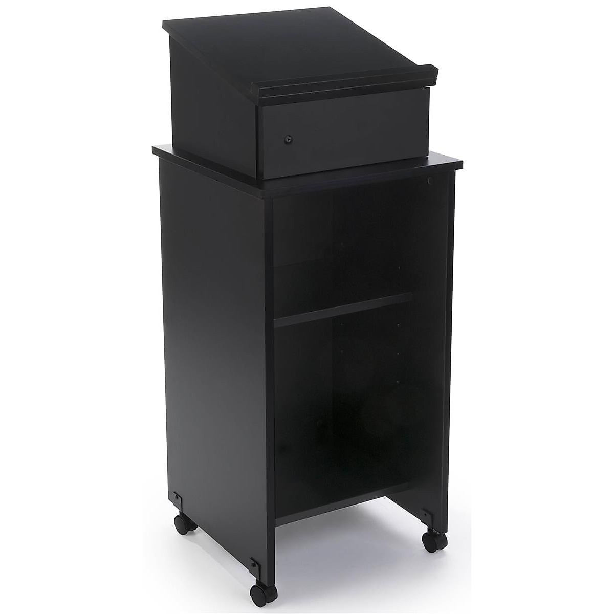 Displays2go Black Speaker Lectern, Elevated Reading Surface, Enclosed Storage Area, Melamine MDF – Black (LCTTBLRBKD)