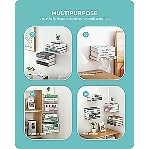 Baffect Invisible Floating Bookshelves, Set of 4 Concealed Drilling Mounted Bookshelves, Heavy-Duty Metal Book Organizers for Bedroom (White)