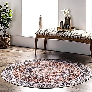 nuLOOM Harriet Vintage Medallion Fringe Area Rug - 5 Round Area Rug Traditional Blue/Multicolor Rugs for Living Room Bedroom Dining Room Kitchen