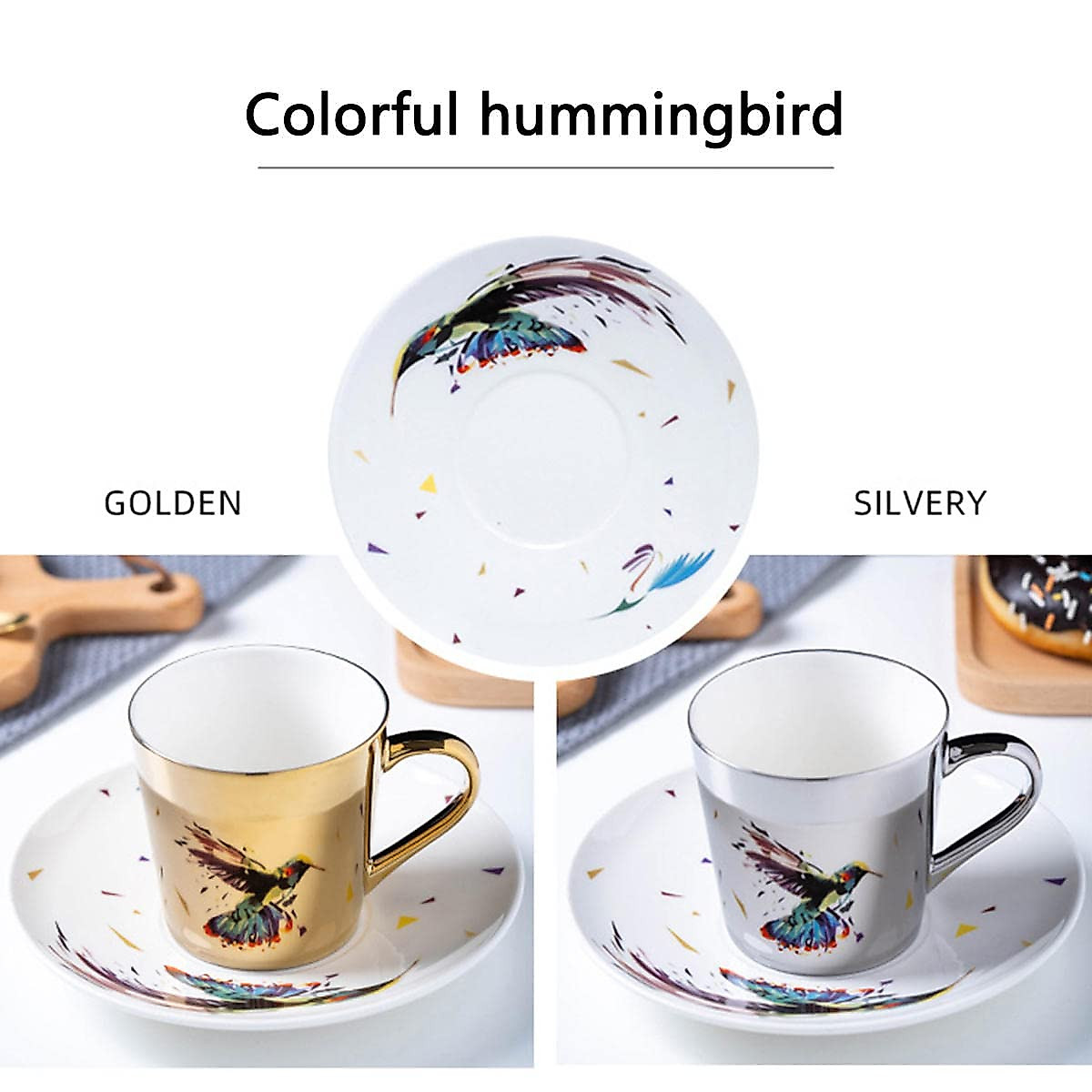 ACGrade Mirror Cup,Mirror Reflection Coffee Mug,Mirror Coffee Cup,Specular Reflection Flower, Ceramic Mug and Saucers Set,with Spoon 250ML, Silver Bird, 17*8CM
