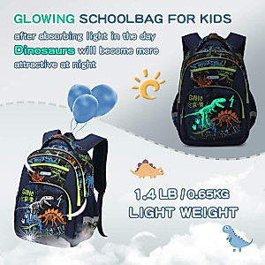 Cusangel Kids Backpack for Boys Elementary Preschool School Bags 16 Inch Dinosaur Backpack Multi Compartment,Sturdy Backpack Age 5-10(Dinosaur Fossil, Glow In The Dark)