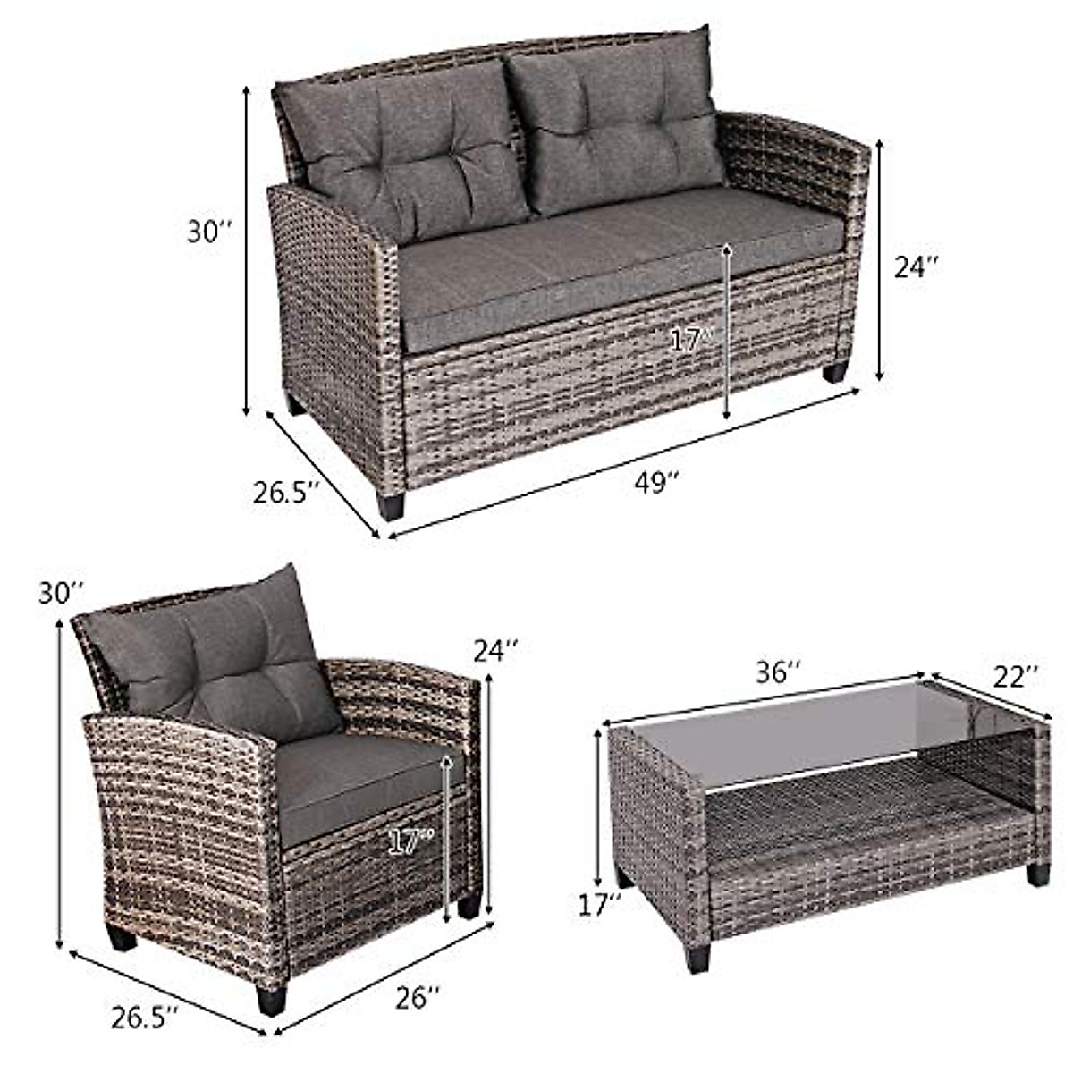 Tangkula 4 PCS Patio Wicker Conversation Furniture Set, Outdoor Rattan Sofa Set with Padded Cushion & Tempered Glass Coffee Table, Wicker Sectional Sofas & Table for Courtyard Balcony Garden (1, Grey)