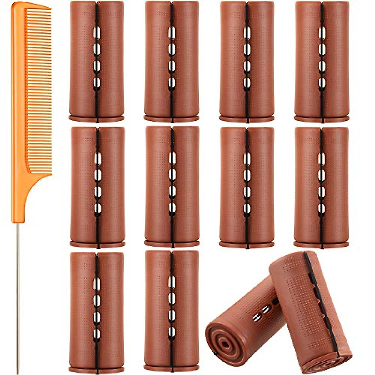 12 Pieces Hair Perm Rods Set Cold Wave Rods Plastic Perming Rods Hair Curling Rollers with Stainless Steel Rat Tail Comb Pintail Comb for Hairdressing Styling Tools (1.57 Inch, Brown)