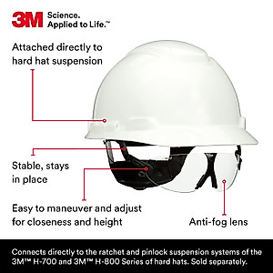 3M Safety Glasses, ANSI Z87, Anti-Fog Clear Lens, Attaches to Hard Hat Suspension