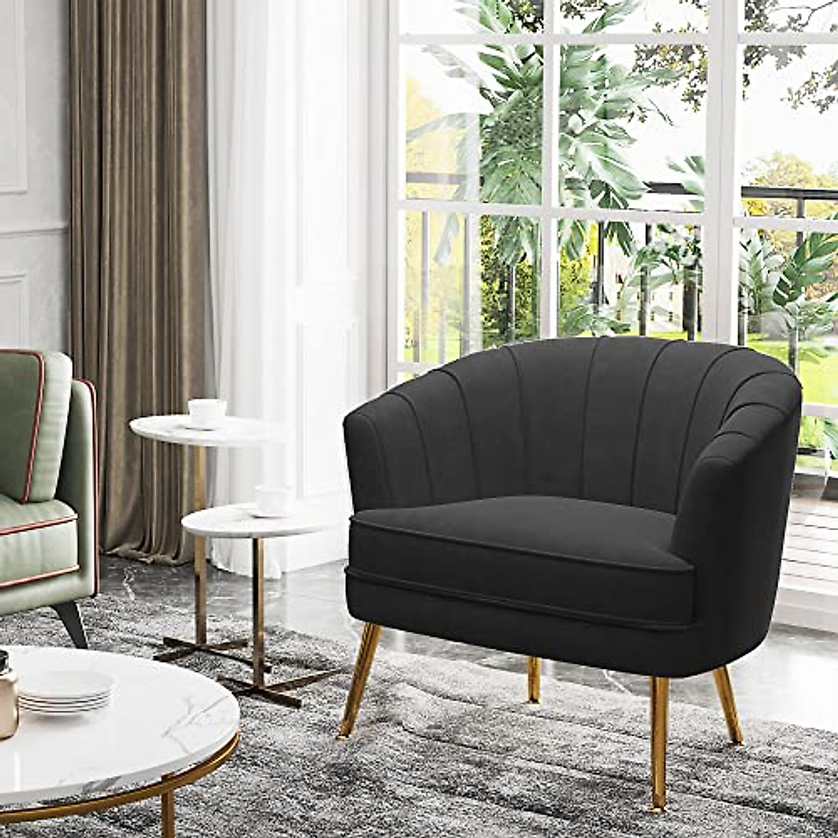 SHINEBOOM Velvet Accent Chairs for Living Room Bedroom Office Leisure Upholstered Single Sofa Chair Arm Chair Comfy Chair Reading Club Coffee Chair with Metal Legs, Black