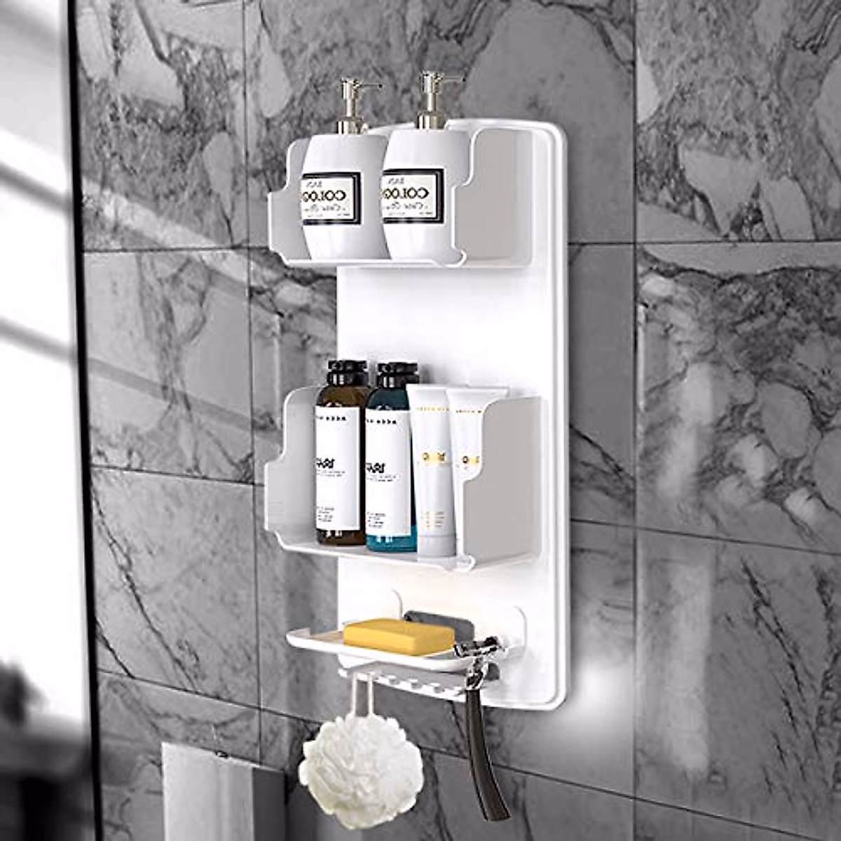 Shower Caddy - Plastic Shower Organizer Hanging, No Drilling Bathroom Organizer with 6Hook, Baffle Anti-drop Design, Removable Shower Holder for Shampoo and Soap is Easy to Clean