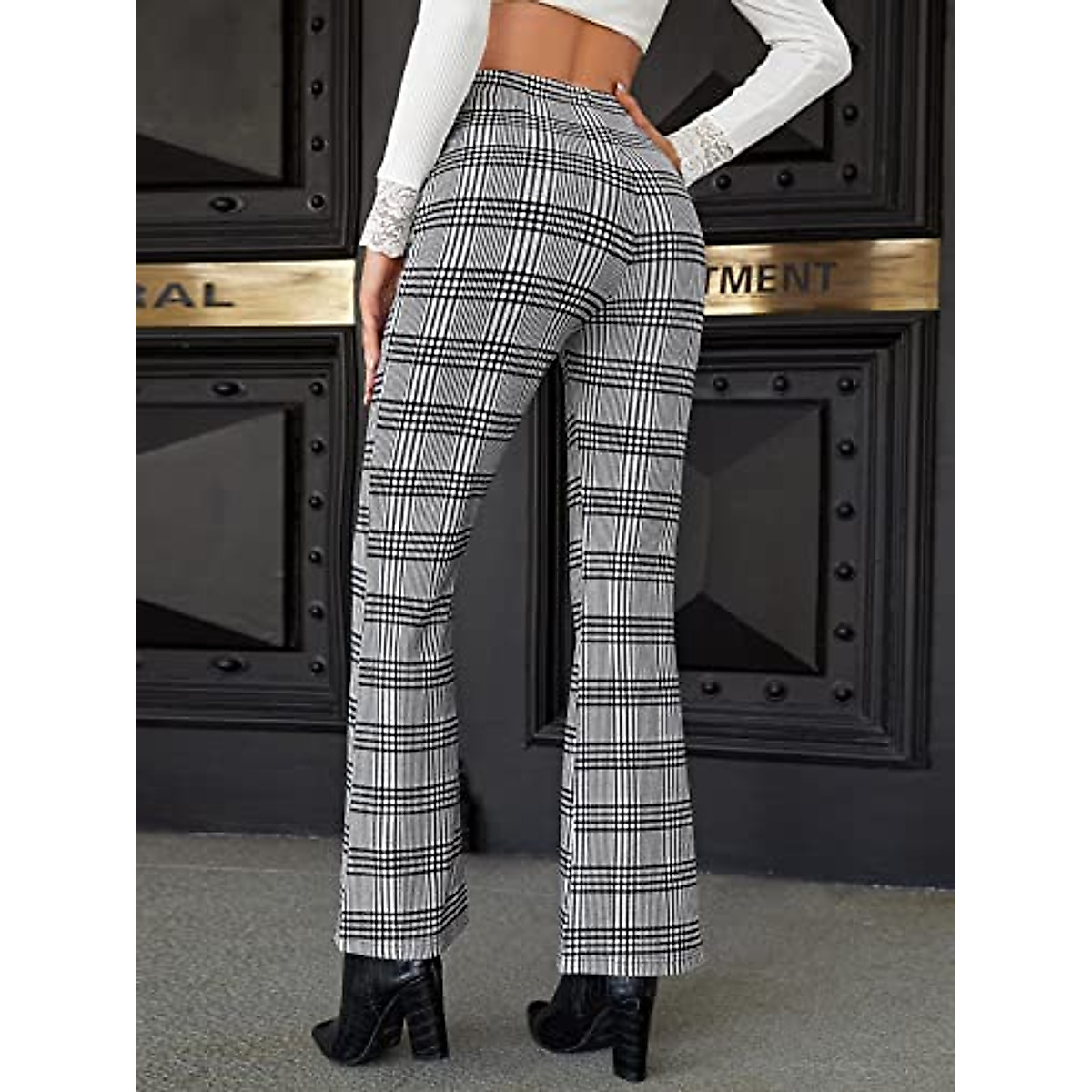 Milumia Women's Elegant Elastic Waist Flare Bootcut Dress Work Pants Long Trousers White and Black Medium