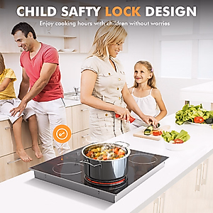 Jessier Electric Cooktop 24 Inch - 4 Burner Drop-in Electric Ceramic Cooktop, Electric Stove Top with Glass Protection Metal Frame, 9 Heating Level, 6000W, 220-240V for Hard Wire(No Plug)