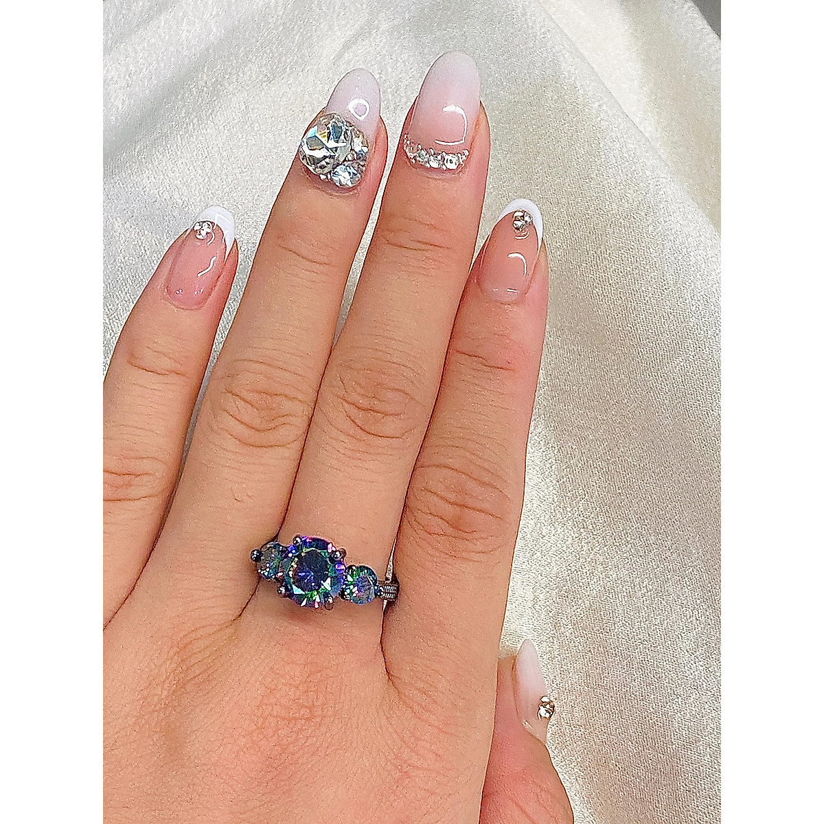 Black Engagement Rings for Women, 14K Black Gold Goth Rings 3 Stone Rings, Mystic Topaz Tourmaline Wedding Rings for Women Size 5 6 7 8 9 10