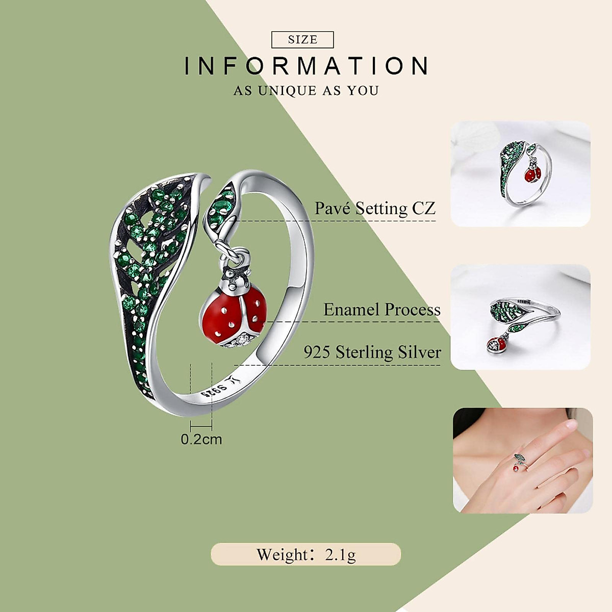 925 Sterling Silver Dangling Ladybug Ring, Women'S Jewelry One Size
