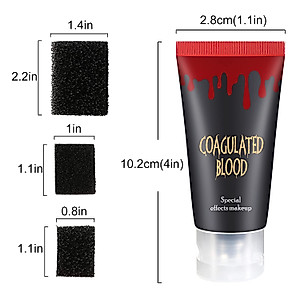 DE'LANCI Fake Blood Liquid, 2 Pcs Fake Blood Washable + 3 Pcs Sponge, Realistic Blood Edible Halloween Makeup on the Face/Mouth/Body, Prefect Adult Kids Cosplay Stage Blood - 60g(2.12 oz)