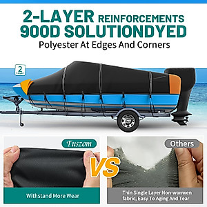 Tuszom 100% Waterproof 900D Solution-Dyed Boat Cover with 17 Windproof Straps Fits V-Hull, Bass Boat, Runabout, Fishing Boat, Ski Boat, 20' - 22' L, UP to 100" W