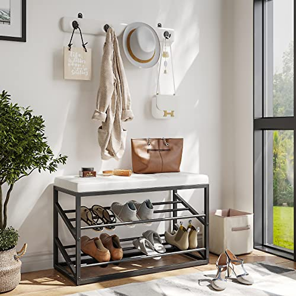 Entryway Bench with Shoe Storage for Living Room Shoe Rack Bench,Shoe Bench Entryway with Cushion,Adjustable-Height Shoe Bench with Storage,Storage Bench Entryway Shoe Rack Bench Featuring Coat Rack