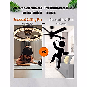 QUMFIXPU 20" Round Flush Mount Ceiling Fan with Lights, Modern Dimmable LED Low Profile Fan, Hidden Reversible Blades, Multi-Speed and Timing with Remote Control (Black)…