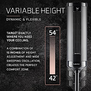 Lasko Elevation 42”-54” Adjustable Height Pedestal Tower Fans for Home, 31 ft/s Airflow, Quiet 28 dB on Low, 90° Oscillation, 12 Hour Timer, Remote Control, Black, EST100