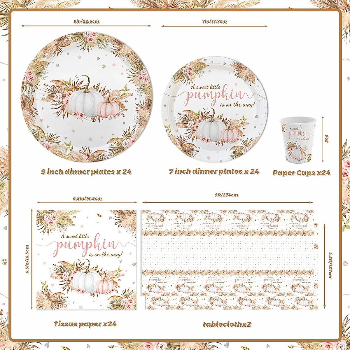 MEHOFOND Boho Fall Pumpkin Baby Shower Decorations Bohemia Floral Little Pumpkin Party Supplies Disposable Tableware Set 195 Pcs Plates Napkins Banners Plastic Tablecloth for Baby Shower Kids Party