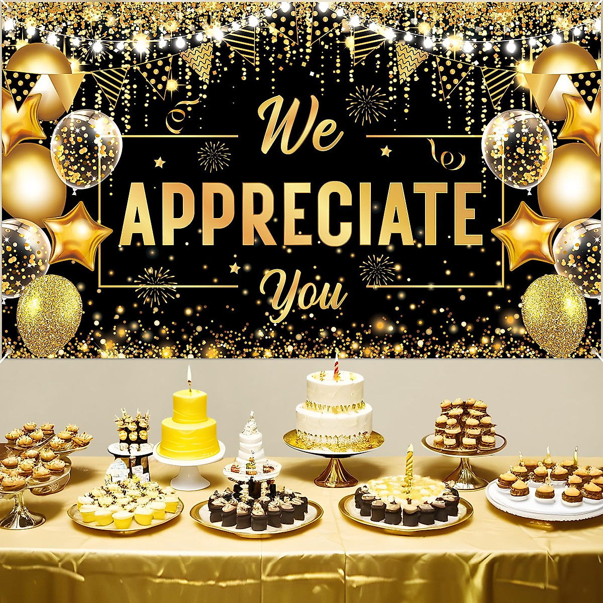 We Appreciate You Banner Thank You Banner Pastor Appreciation Decorations Banner Thank You For All You Do Backdrop Employee Appreciation Gifts Staff Retirement Appreciation Party Decor (Black Gold)